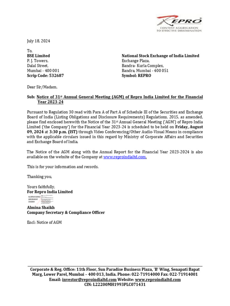 Notice AGM 2024 | PDF