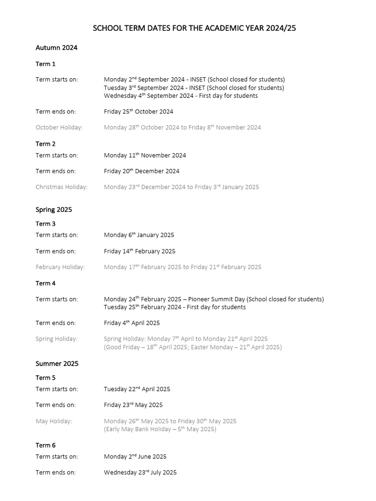 Pioneer Term Dates 2024 25 | PDF