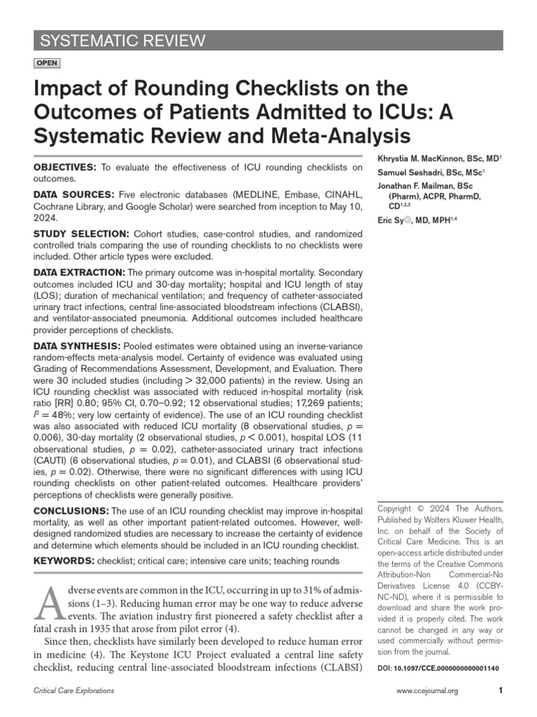 Impact of Rounding Checklists On The Outcomes Of. | PDF | Intensive ...