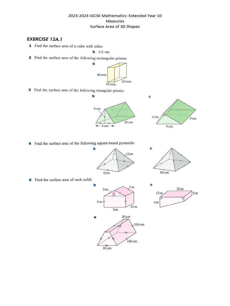 IGCSE Year 10 Math: Surface Area Guide | PDF