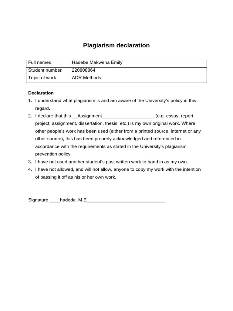 Plagiarism Declaration Form | PDF