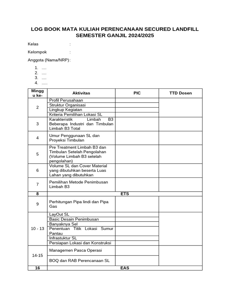 Log Book Mata Kuliah Perencanaan Secured Landfill | PDF