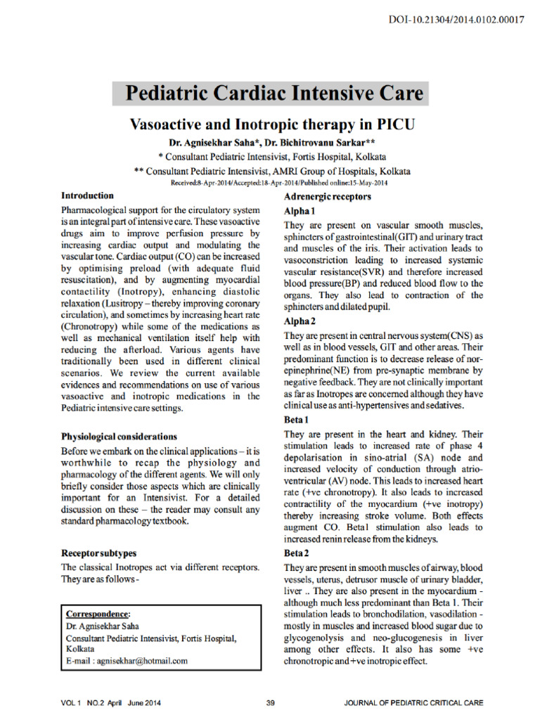 Vasoactive and Inotropic Therapy in Picu.5 | PDF