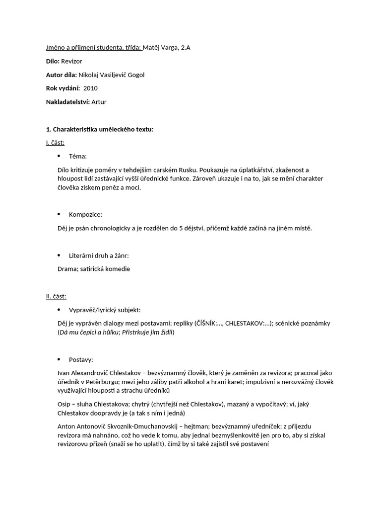 Rozbor Díla - Revizor | PDF