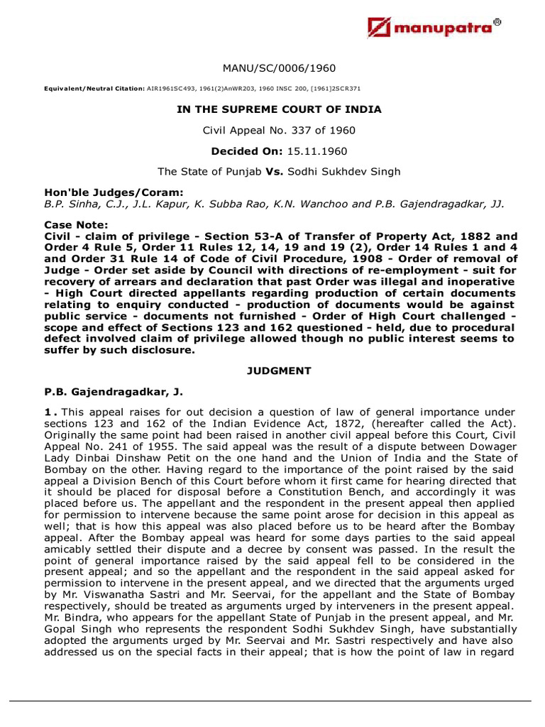 The State of Punjab Vs Sodhi Sukhdev Singh 1511196s600006COM608744 | PDF