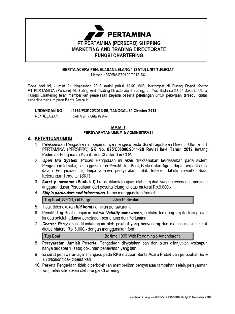 Prebid Tugboat Laycan 13 15 Nopember 2013 | PDF