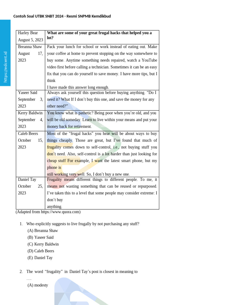 Contoh Soal UTBK SNBT 2024 Edit | PDF Contoh Soal UTBK SNBT 2024 Edit | PDF