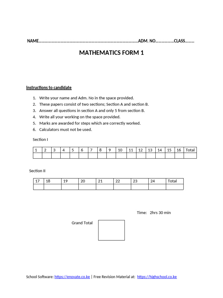 Mathematics-Form-1 Endterm 1 | PDF | Mathematics | Arithmetic