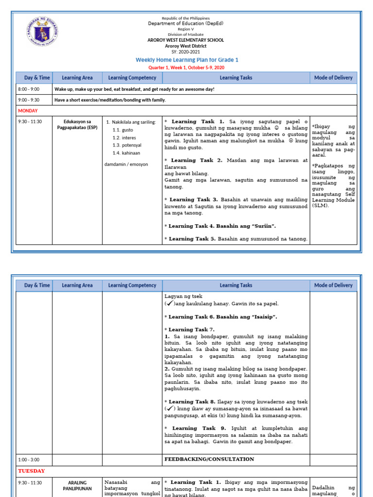 Grade 1 - All Subjects - WHLP - Q1 - W1 | PDF
