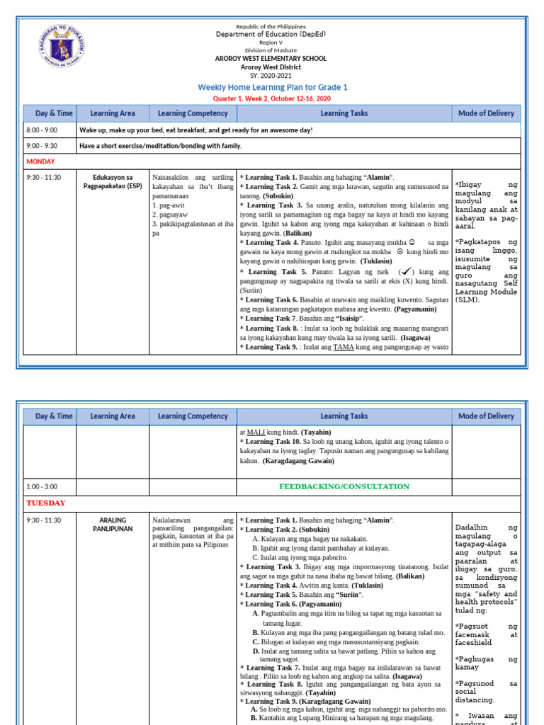 Grade 1 All Subjects WHLP q1 w2 | PDF