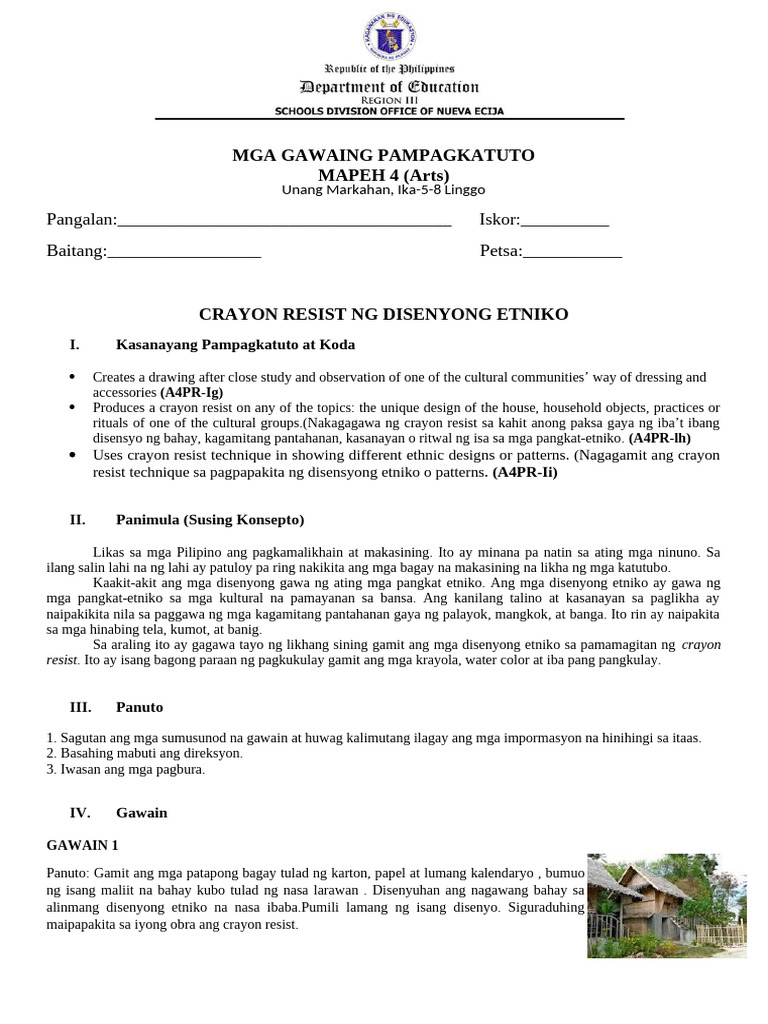 Arts4 LAS Q1 Week5-8 Crayon Resist NG Disenyong Etniko | PDF