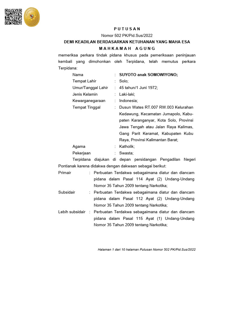 Putusan 502 PK Pid - Sus 2022 20240513102810 | PDF