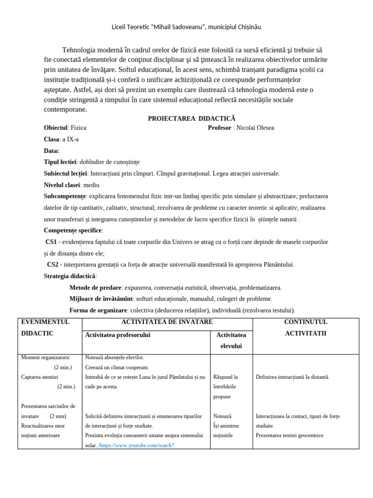 Proiect de Lectie Cl.9a Cu Utilizarea Soft | PDF