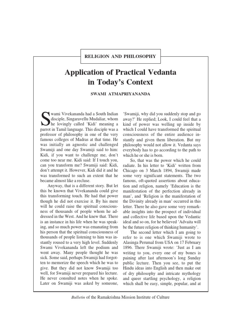 Application of Practical Vedanta in Today | PDF | Swami Vivekananda ...