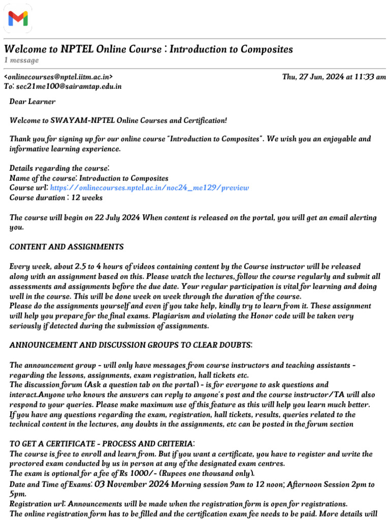 Gmail - Welcome To NPTEL Online Course - Introduction To Composites | PDF