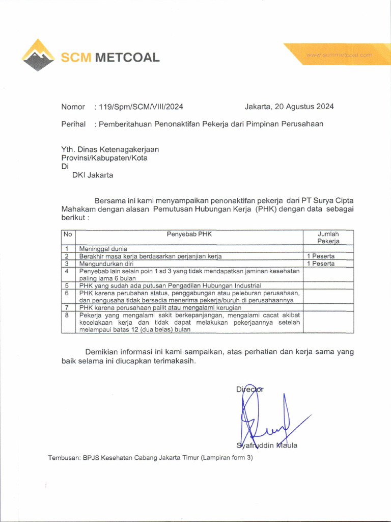 Surat Pemberitahuan Penonaktifan Karyawan Perusahaan20240826 - 10141580 - 0045 | PDF