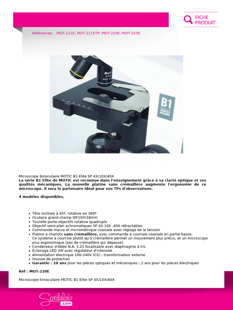 Sordalab Motic Serie b1 Elite, Mot 211e, Mot 211etp, Mot 220e, Mot 223e ...
