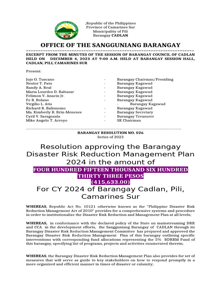 Resolution No. 026 - BDRRM 2024 | PDF