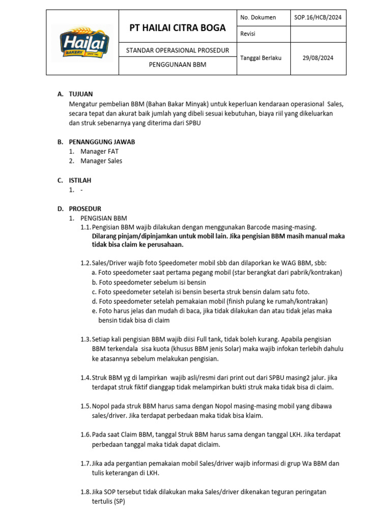 Sop Pengisian BBM | PDF