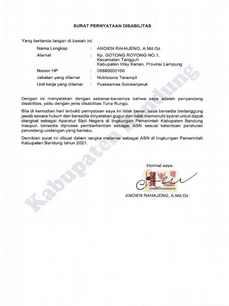 11 Contoh Surat Pernyataan Disabilitas Seleksi Asn Kab BDG 2021 | PDF