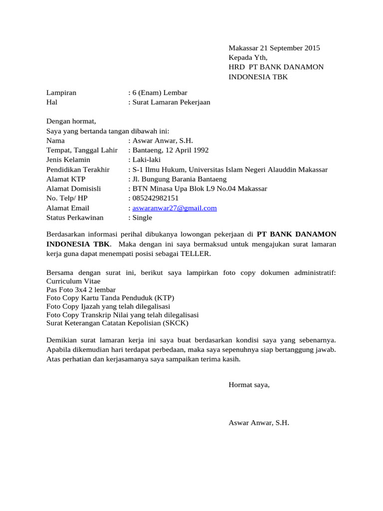 Surat Lamaran Kerja Teller Danamon | PDF