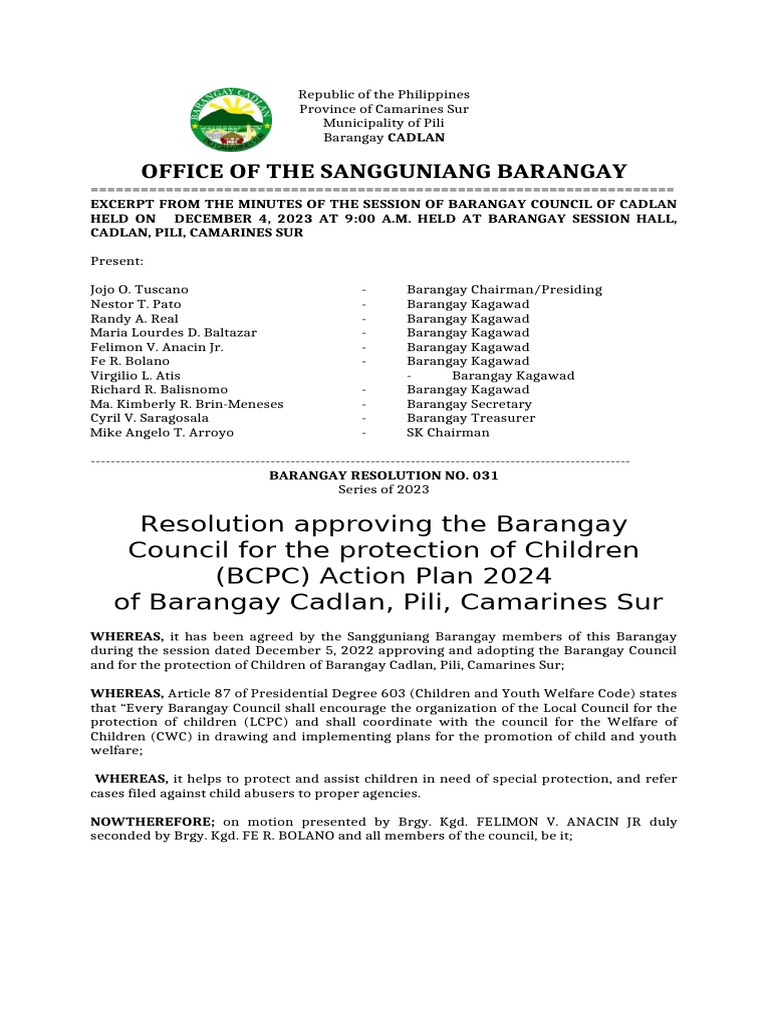 RESOLUTION NO. 031 - BCPC 2024 | PDF