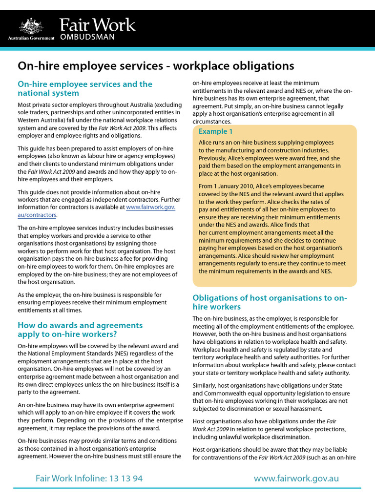 On Hire Employees Services Workplace Obligations | PDF