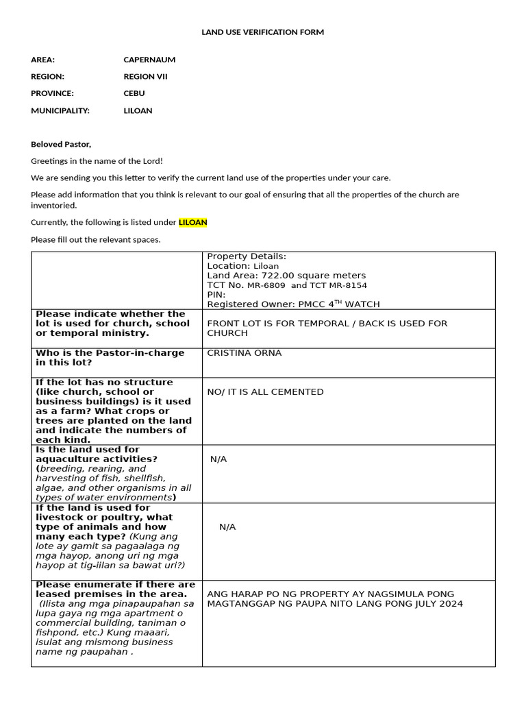 Cebu-Liloan-Land Use Verification Form | PDF