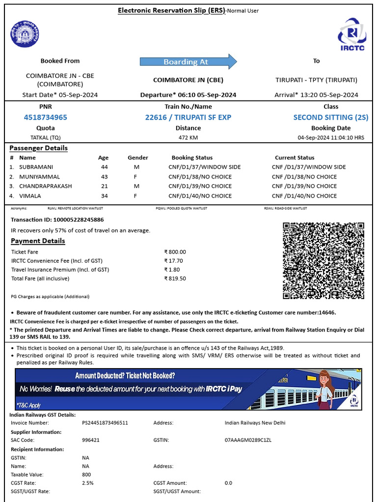 Tirupati SF Exp Second Sitting (2S) | PDF