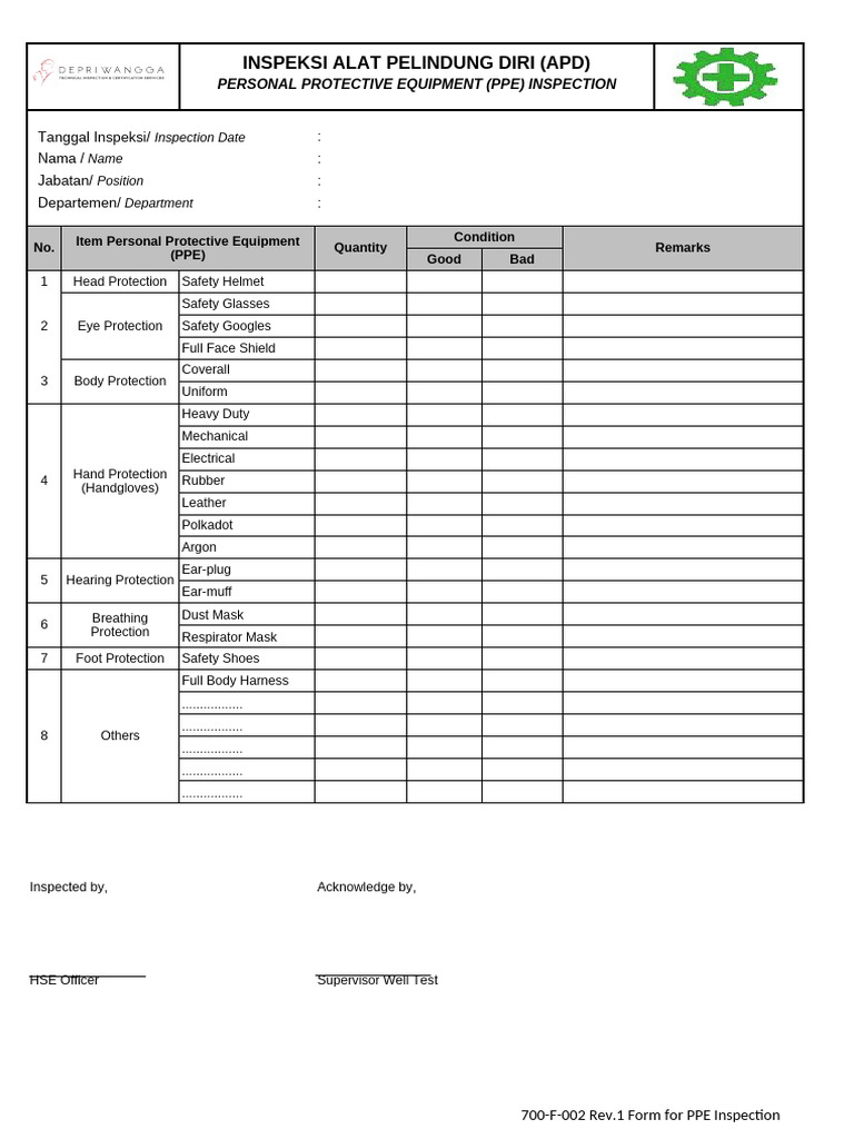 700-F-002 Rev. 1 Form For PPE Inspection | PDF