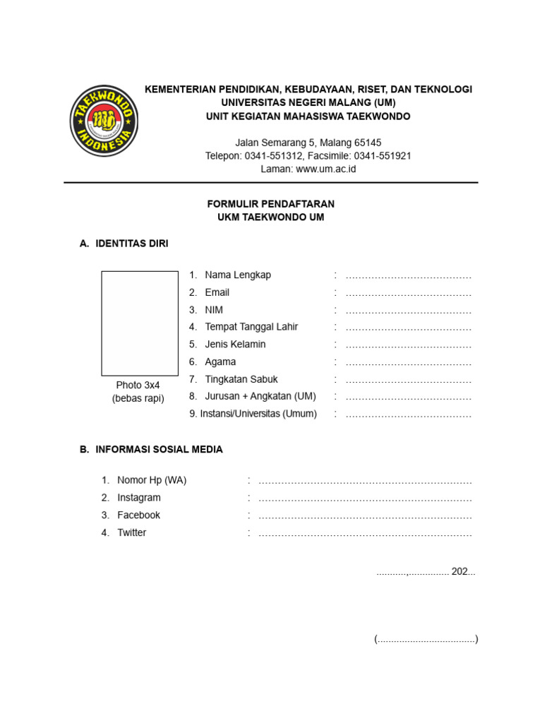 Form Registrasi UKM TKD UM | PDF