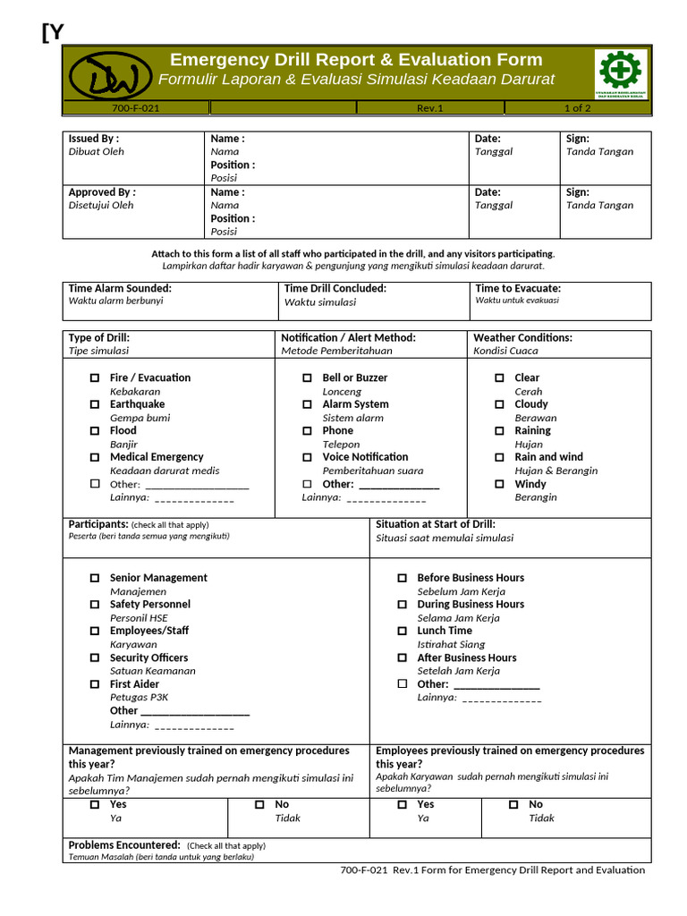 700-F-021 Rev. 1 Form For Emergency Drill Report & Evaluation Form | PDF