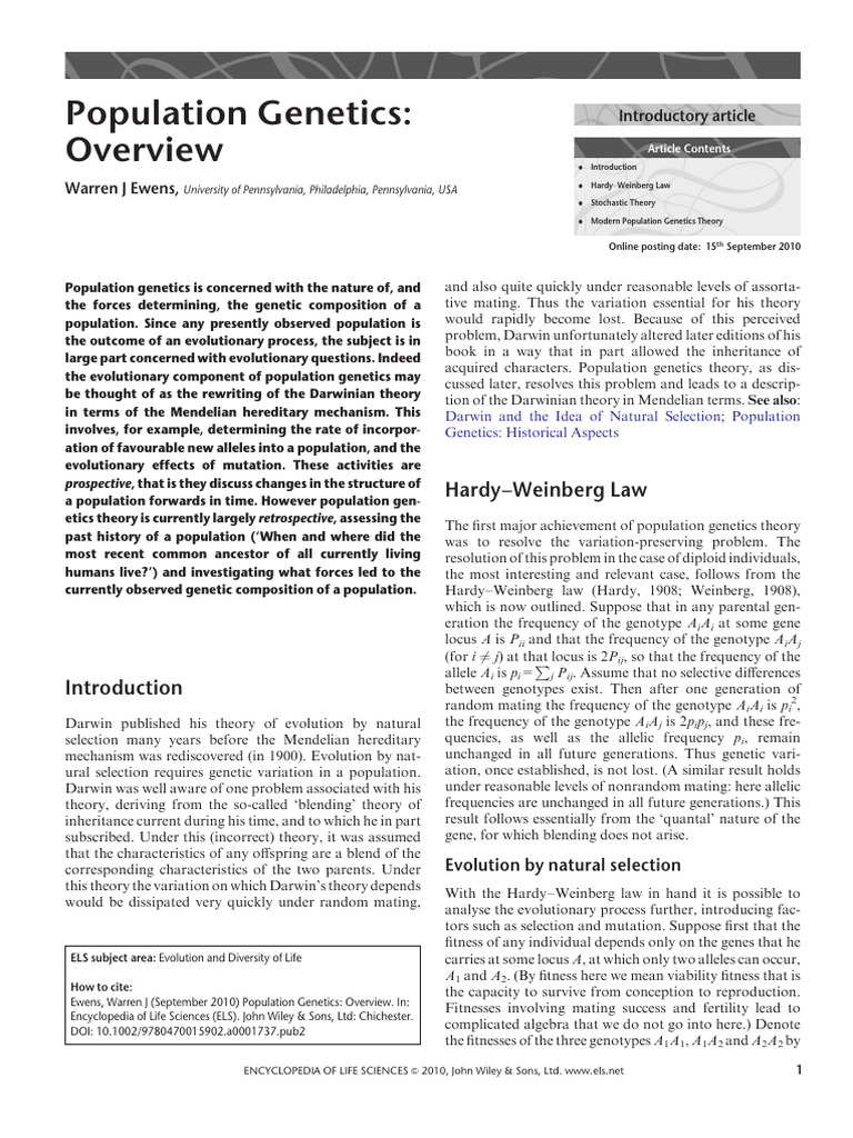 Warren J Ewens (2010) - Population Genetics: Overview | PDF | Social ...