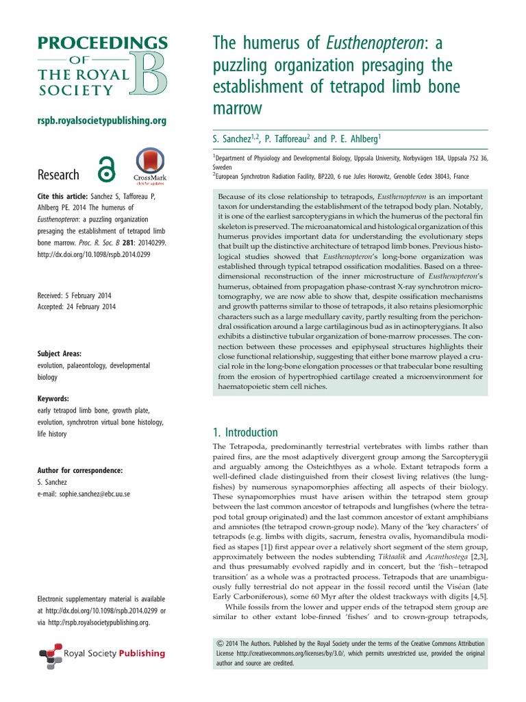 Sanchez S., Et Al. (2014) - The Humerus of Eusthenopteron: A Puzzling ...