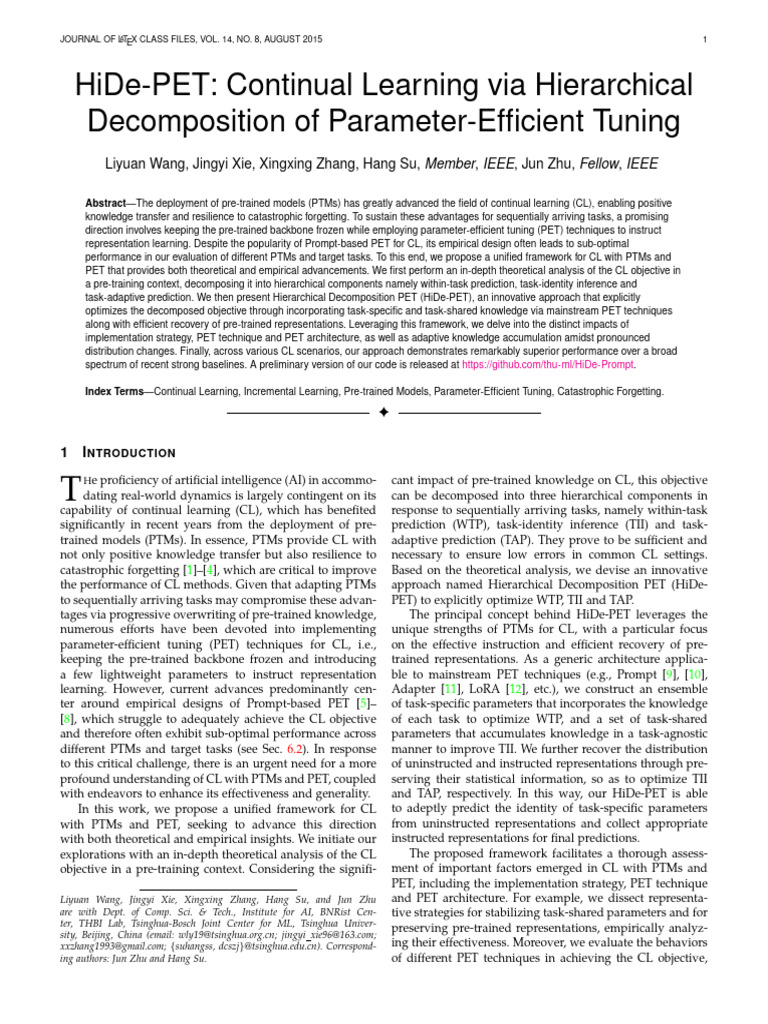 Hide-Pet: Continual Learning Via Hierarchical Decomposition of Parameter-Efficient Tuning | PDF