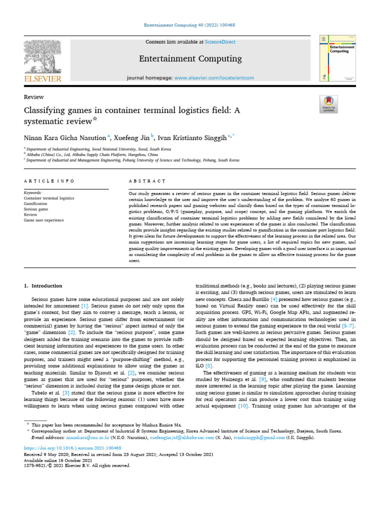 Classifying Games in Container Terminal Logistics Field - A Systematic Review | PDF