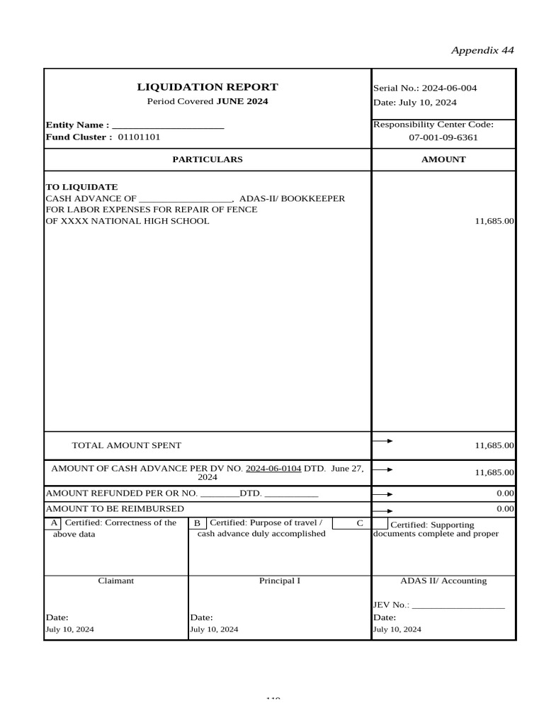 Liquidation Form For Cash Advances | PDF