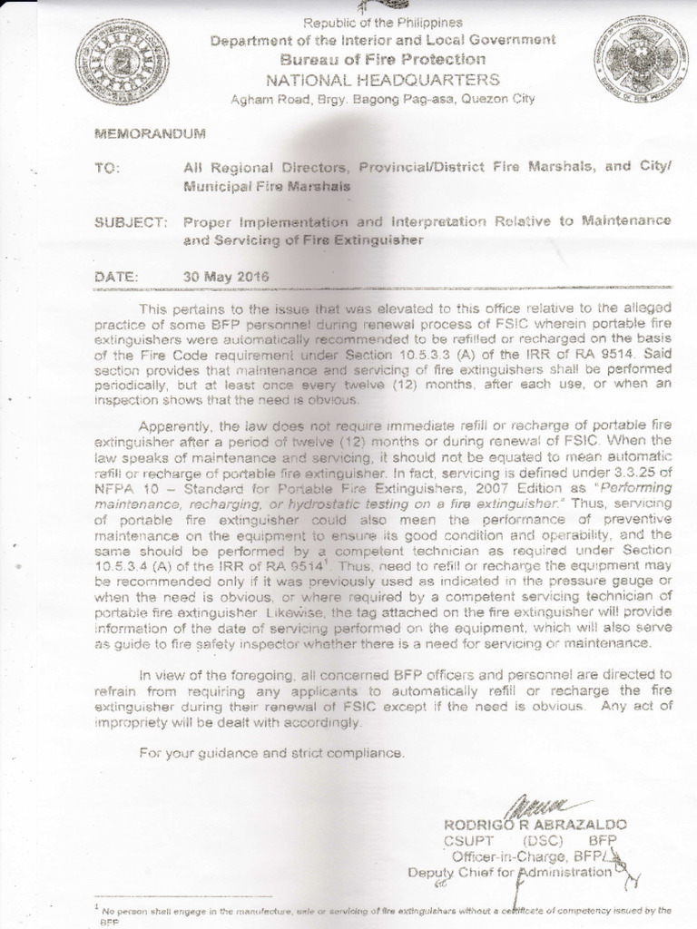 BFP Memo On Every Year Requirement of Refilling Fire Extinguishers | PDF