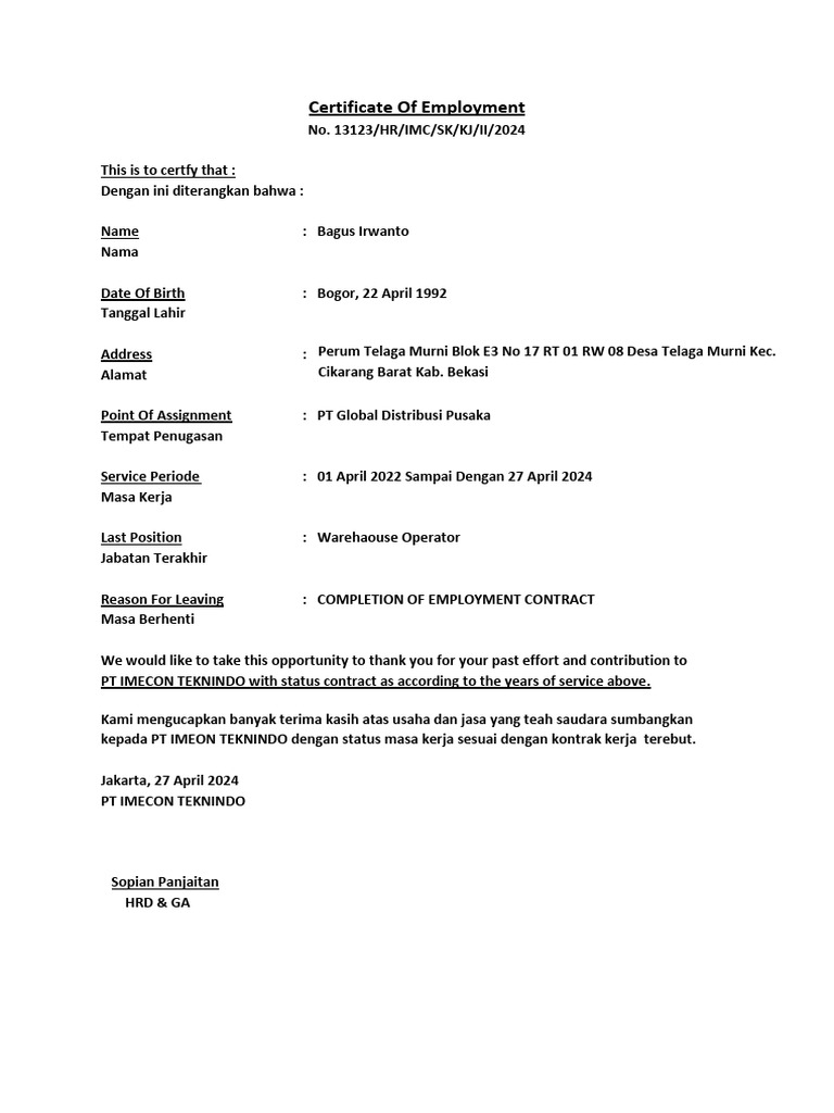 Certificate Of Employment Bagus Irwanto Pdf Business Finance