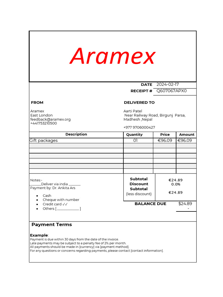 Aramex Receipt for Delivery to Nepal | PDF