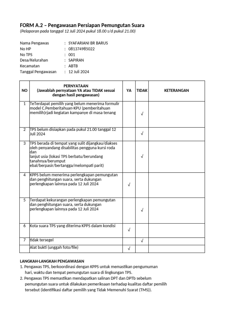 Form A.2 - Pengawasan Persiapan Pemungutan Suara | PDF