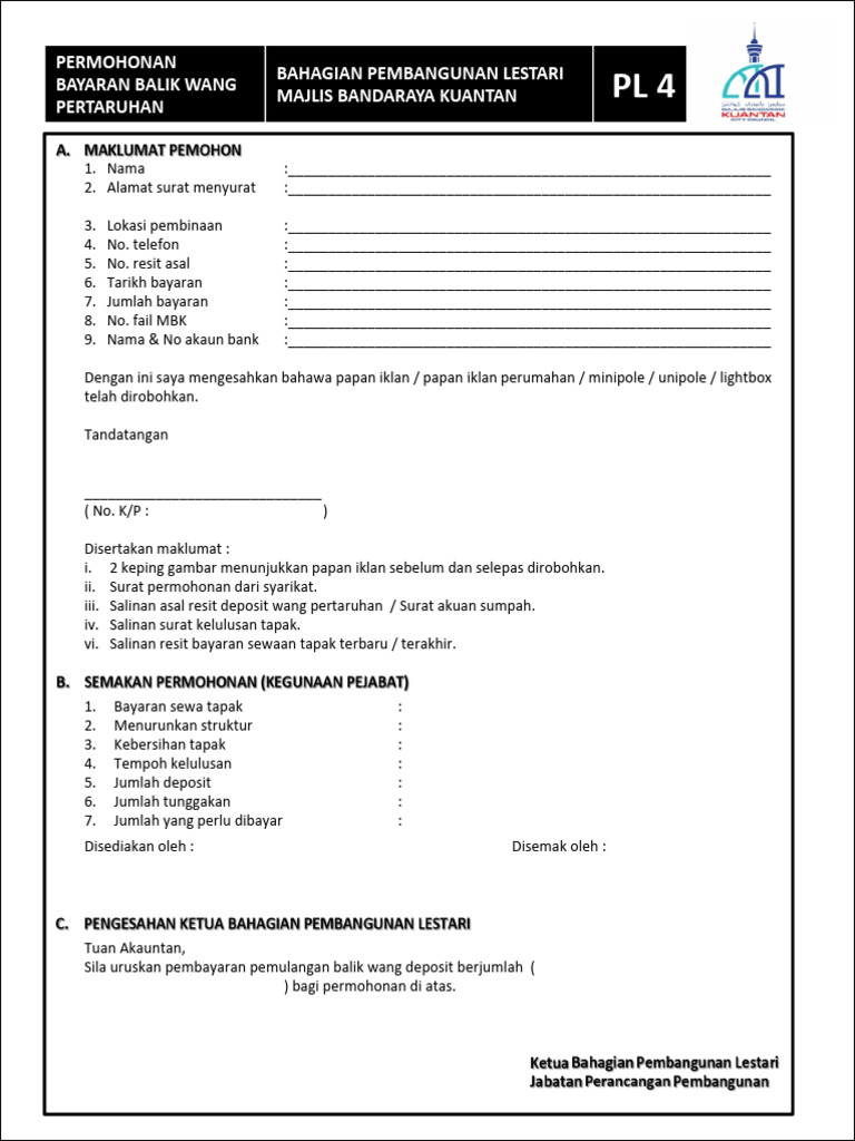 Borang PL4 Pemulangan Deposit 2021 | PDF