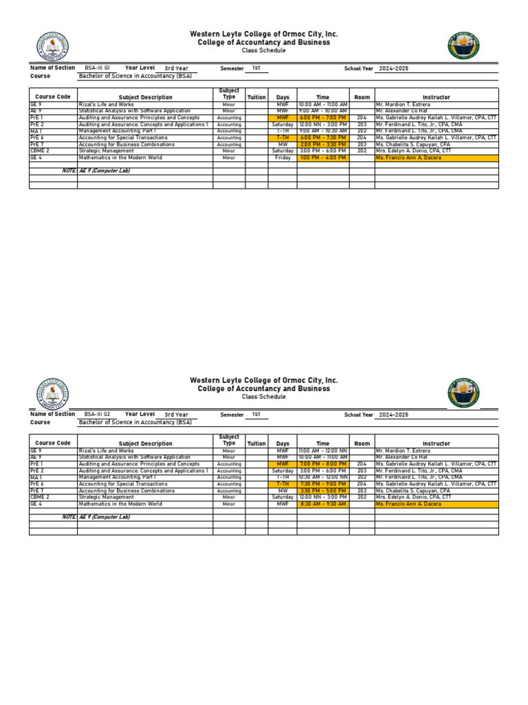 Class Schedule BSA and BSAIS 1st Sem 2024 2025 3rd Year | PDF