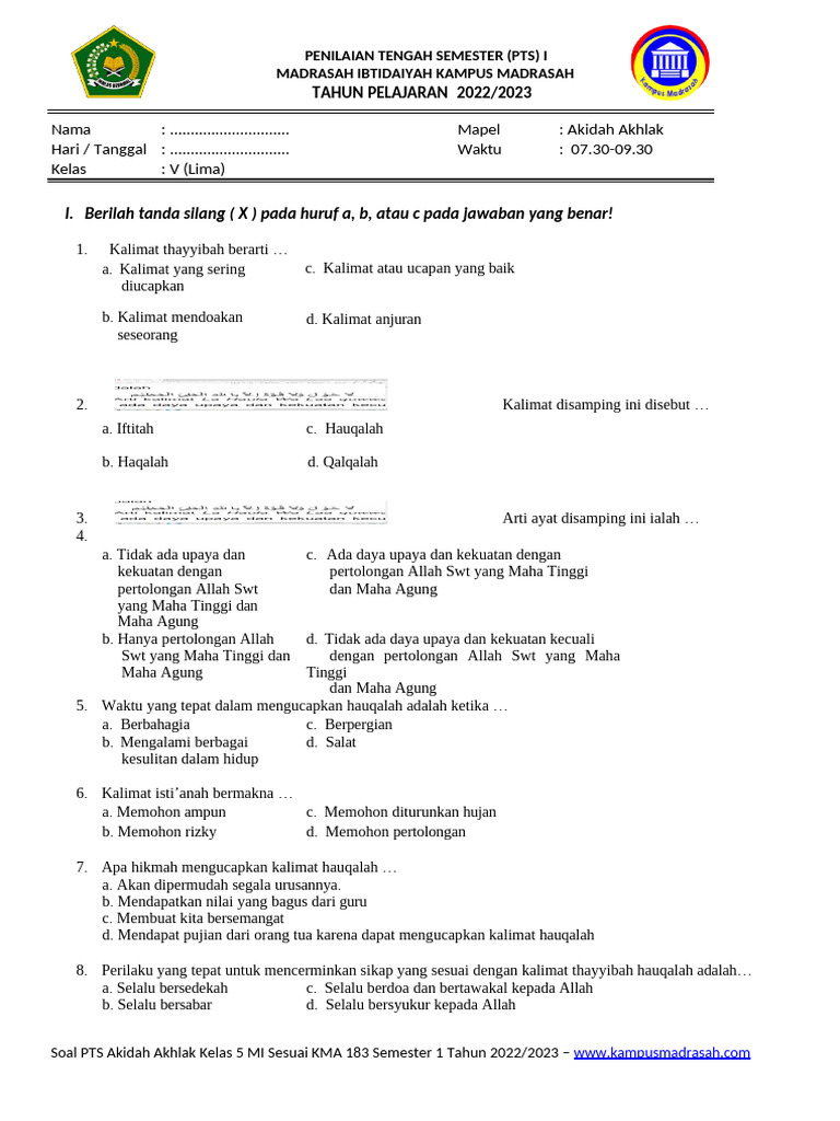 Soal PTS Akidah Akhlak Kelas 5 | PDF