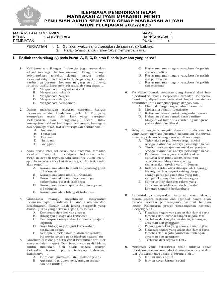 Soal Ujian Pat PPKN KLS 2 Ma | PDF