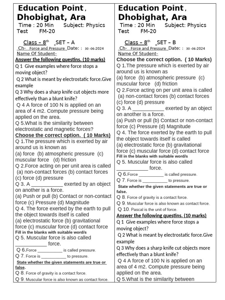 Force and Pressure Test STD 8th 2024 Sa1 | PDF