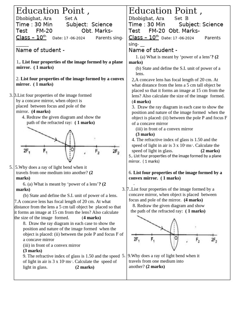 Light Test Page 2024 Sa1 10th | PDF