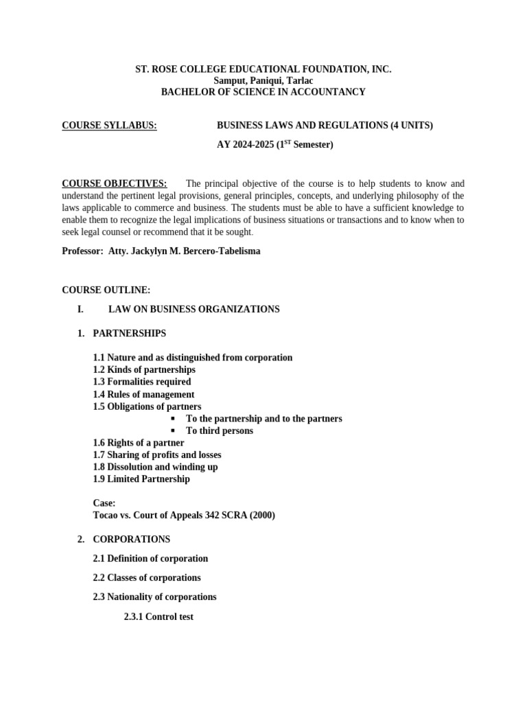 1st Sem BSA Syllabus Business Laws and Regulations | PDF