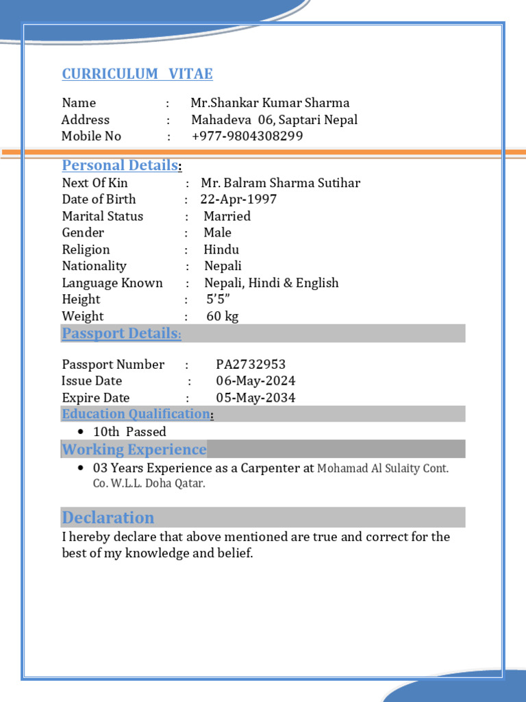 Carpenter's CV: Shankar Sharma | PDF