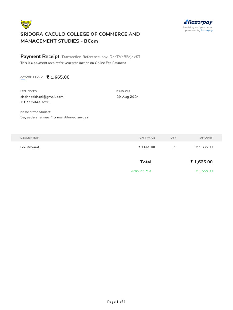 Receipt Pay - OqeTVhBBsjdxKT From SRIDORA CACULO COLLEGE OF COMMERCE ...
